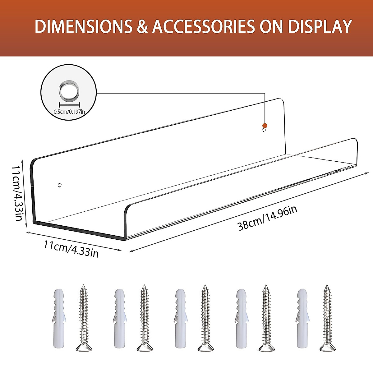 15" Acrylic Wall Shelves Storage Rack, Floating Wall Mounted Display Shelves, Kids Bookshelf Punch-free for Bedroom, Living Room, Bathroom, Kitchen With Screws and Super Glue(Single Load-Bearing 10KG)