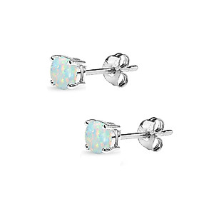 Opal Earrings for Women Sterling Silver Simulated White Opal 4mm Round-Cut Solitaire Small Stud Earrings for Teens