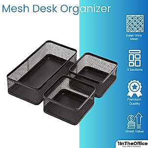 1InTheOffice Mesh Collection Desk Drawer Organizer Tray 3 Compartment - Stackable, Matte Black