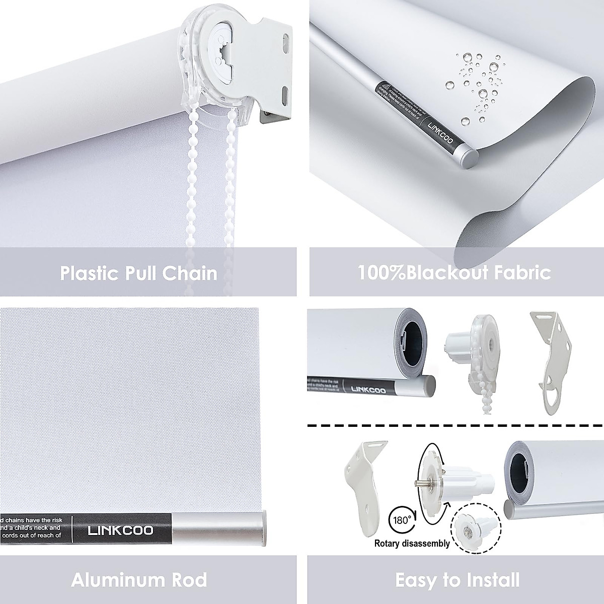 LINKCOO 100% Blackout Roller Window Shades, Room Darkening Window Blinds with Thermal Insulated Fabric, Corded Roll pull down shades for home and office (White - Width 10", Max Drop Height 79")