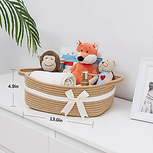 CHICVITA Small Woven Rope Gift Basket, Baby Nursery Storage Basket for Towels, Snacks, Toys, Diapers, Rectangle Shelf Basket for Bathroom, Cute Brown Basket, 13 x 9.8 x 5 inches