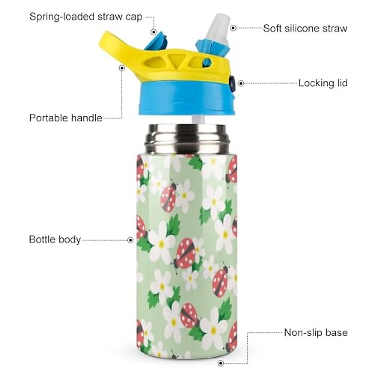 Kids Water Bottle with Straw Lid Small Flower with Ladybug Print 12 Oz/350 Ml Stainless Steel Reusable Thermos Bottles