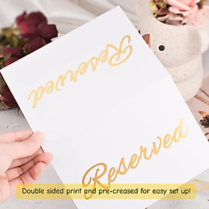 URROMA 25 Pcs Gold Wedding Reserved Table Signs, Double Sided Reserved Table Signs Gold Font Table Reserved Cards White Paper Reserved Table Tent Card