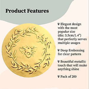 200 Count 1.4" Round Embossed Gold Foil Envelope Seals Stickers for Wedding Invitations, Greeting Cards, Gift Packaging/Self-Adhesive (French Bee)