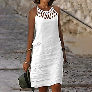 Ceboyel Women 2023 Summer Linen Dresses Cotton Boho Shirt Dresses Midi Length Casual Dress Trendy Ladies Beach Outfits Plus Size Summer Dresses for Women 2023 White 2X