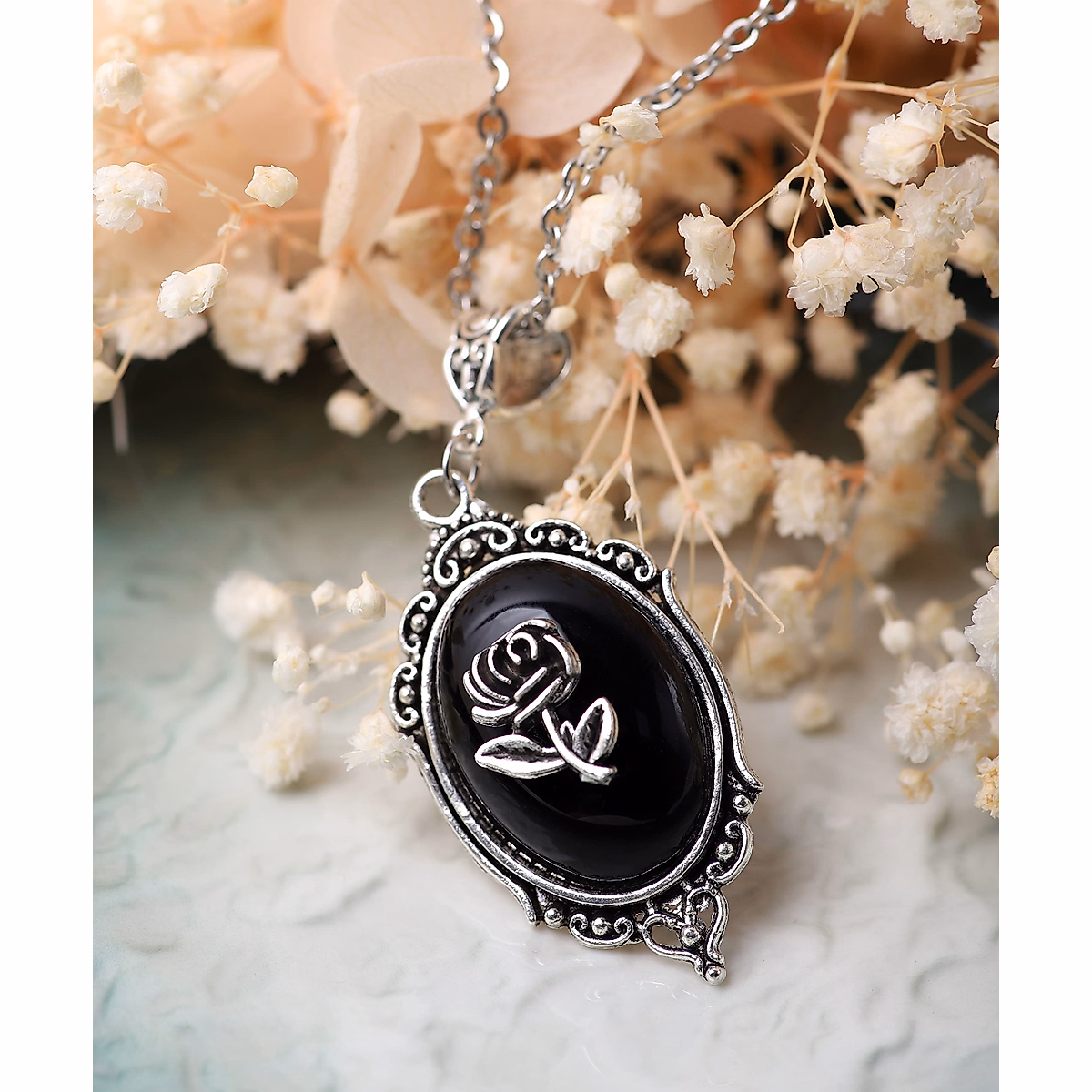 Sacina Gothic Celtic Rose Necklace, Stainless Steel Rose Pendant, Halloween Goth Celtic Jewelry Gift for Women (Black Victorian Rose)