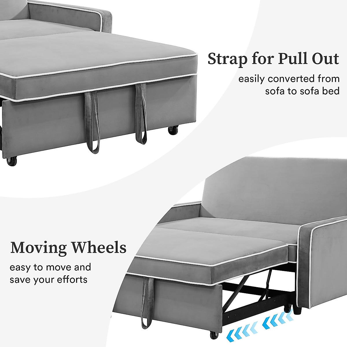 Rovibek 3 in 1 Convertible Sleeper Sofa Bed Pull Out Couch Futon Loveseat Velvet Chaise Lounge with 2 Pockets and 2 Pillows for Living Room, Ash Grey