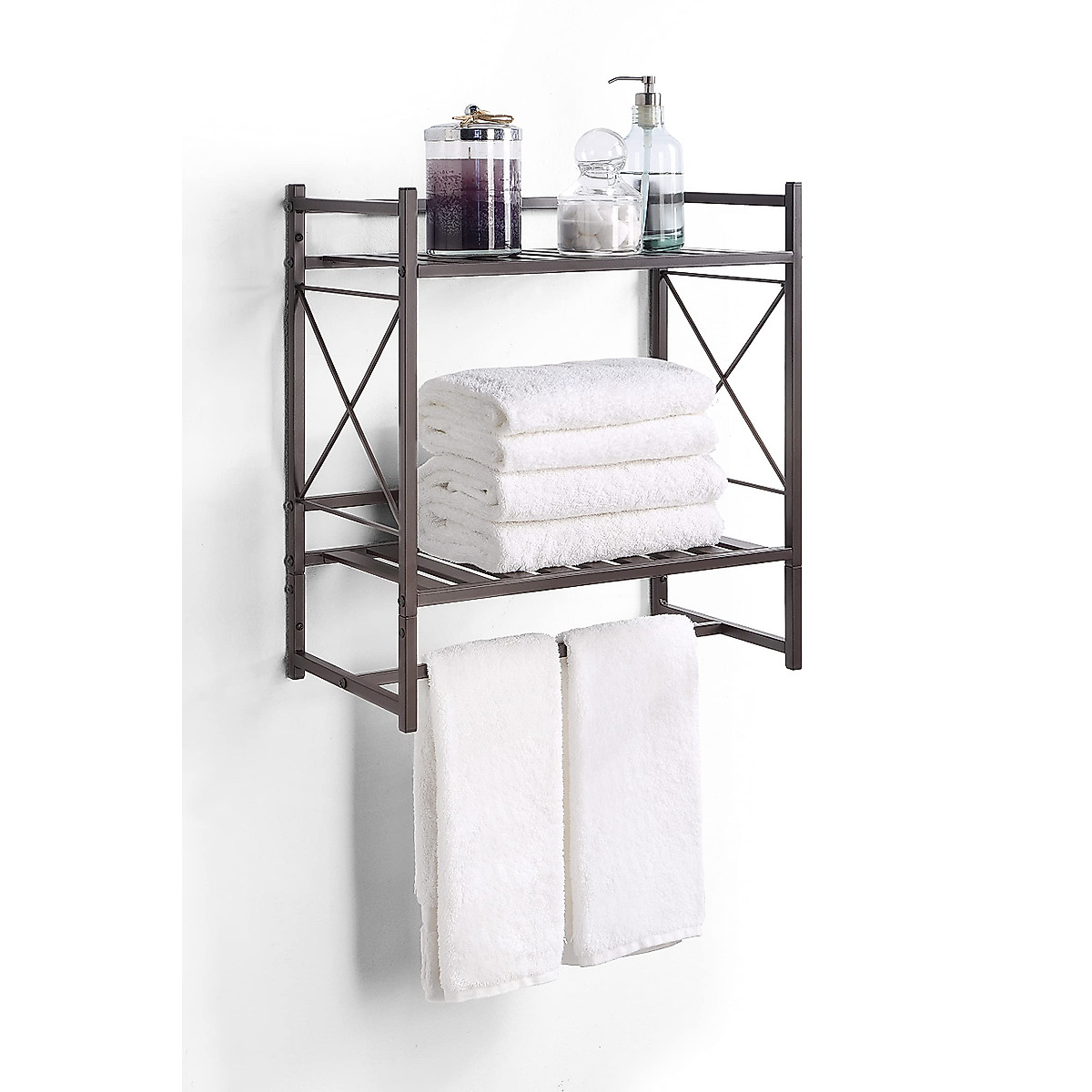 SunnyPoint Classic Square Bathroom Shelf, 2 Tier Shelf with Towel Bar Wall Mounted Shower Storage (Classic - Wall Mount - Silver)