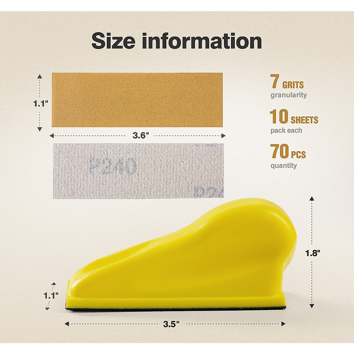 S SATC Micro Hand Sanding Block Kit 3.5”x1.1”x1.8”Hand Sanding Block and 70 PCS Sandpaper Sheets 10 Each 80/120/150/180/220/240/400 Grit Wood Woodworking, Small Detail Finishing Sander