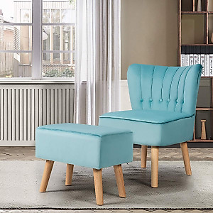 Giantex Modern Accent Chair Ottoman Set, Armless Slipper Sofa Chair with Footstool, Velvet Upholstered, Button Tufted, Single Chair and Ottoman for Living Room/Bedroom/Home Office (Turquoise)