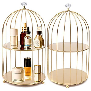 Birdcage Makup Organizor, Cosmetics Storage Rack, 2-Tire Bathroom Storage, Gold Metal Cosmetic Tray, Dessert Cupcake Rack, Vintage Jewelry Stand, Home Decoration for Bathroom and Bedroom