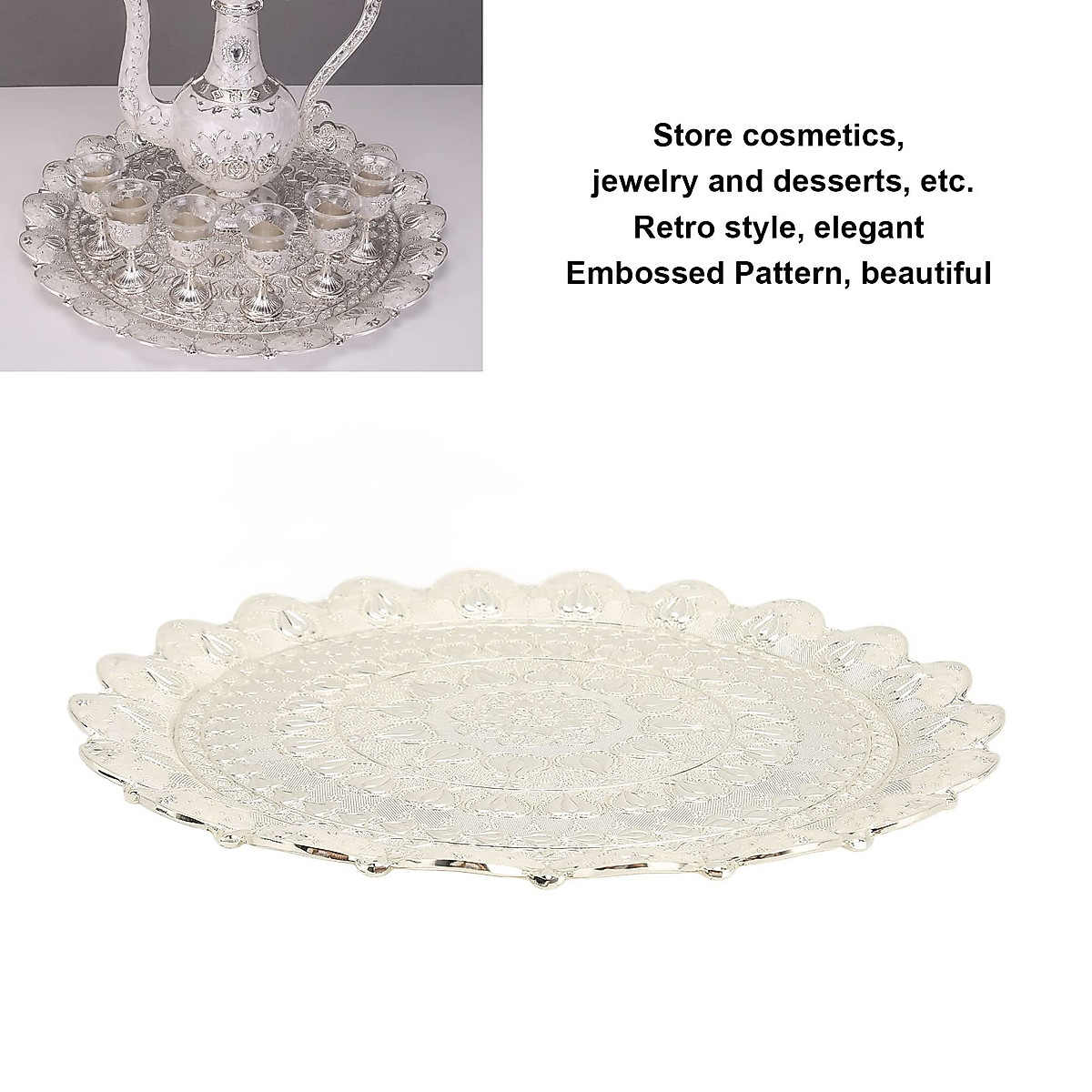Ozgkee Turkish Tea Coffee Serving Tray, Vintage Style Embossed Pattern Round Coffee Plate for Bar Outdoor Dresser Dessert(Silver)