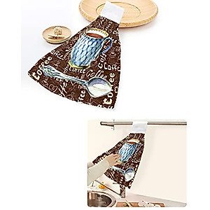 Retro Farm Coffee Theme Hanging Kitchen Towels Set of 2, Hand Towels with Loops, Vintage Shabby Coffee Brown Water Absorbent Dish Cloth Tie Towels Tea Bar Towels Hand Towels for Bathroom