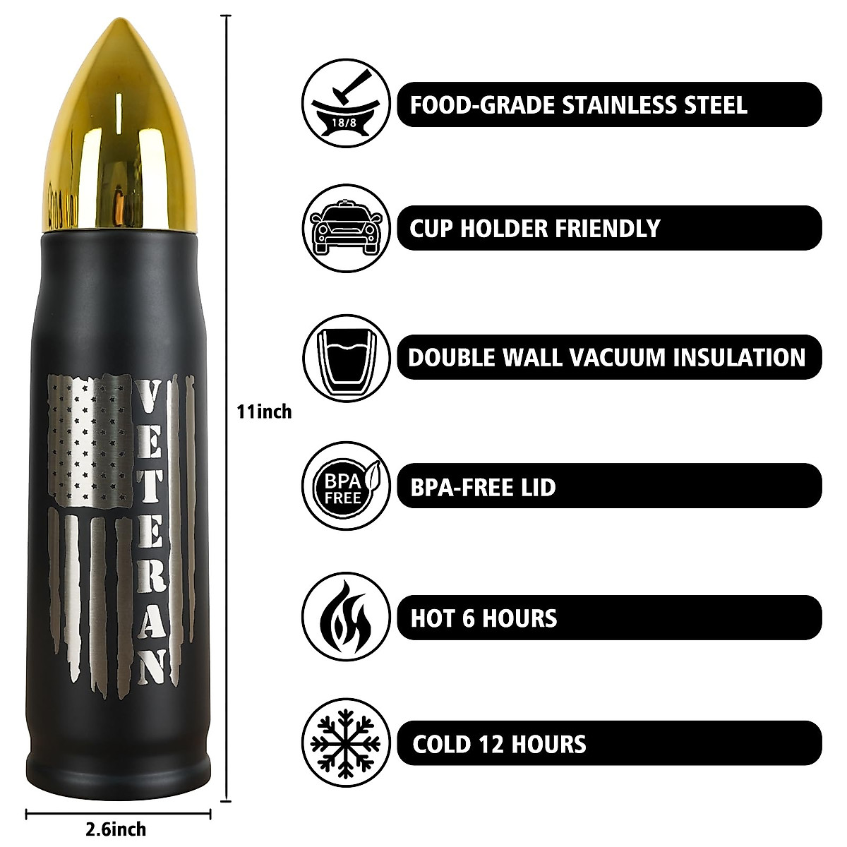 qchdln 17 OZ Veteran Bullet Tumbler with Lid - Ideal Gifts for Men Father's Day, Birthday, Veterans Day, Christmas - Perfect for Air Force, Navy, Army, Military & Veterans Cup