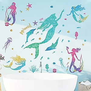 wondever Colorful Mermaid Wall Stickers Princess Underwater Peel and Stick Wall Art Decals for Girls Bedroom Baby Nursery Bathroom