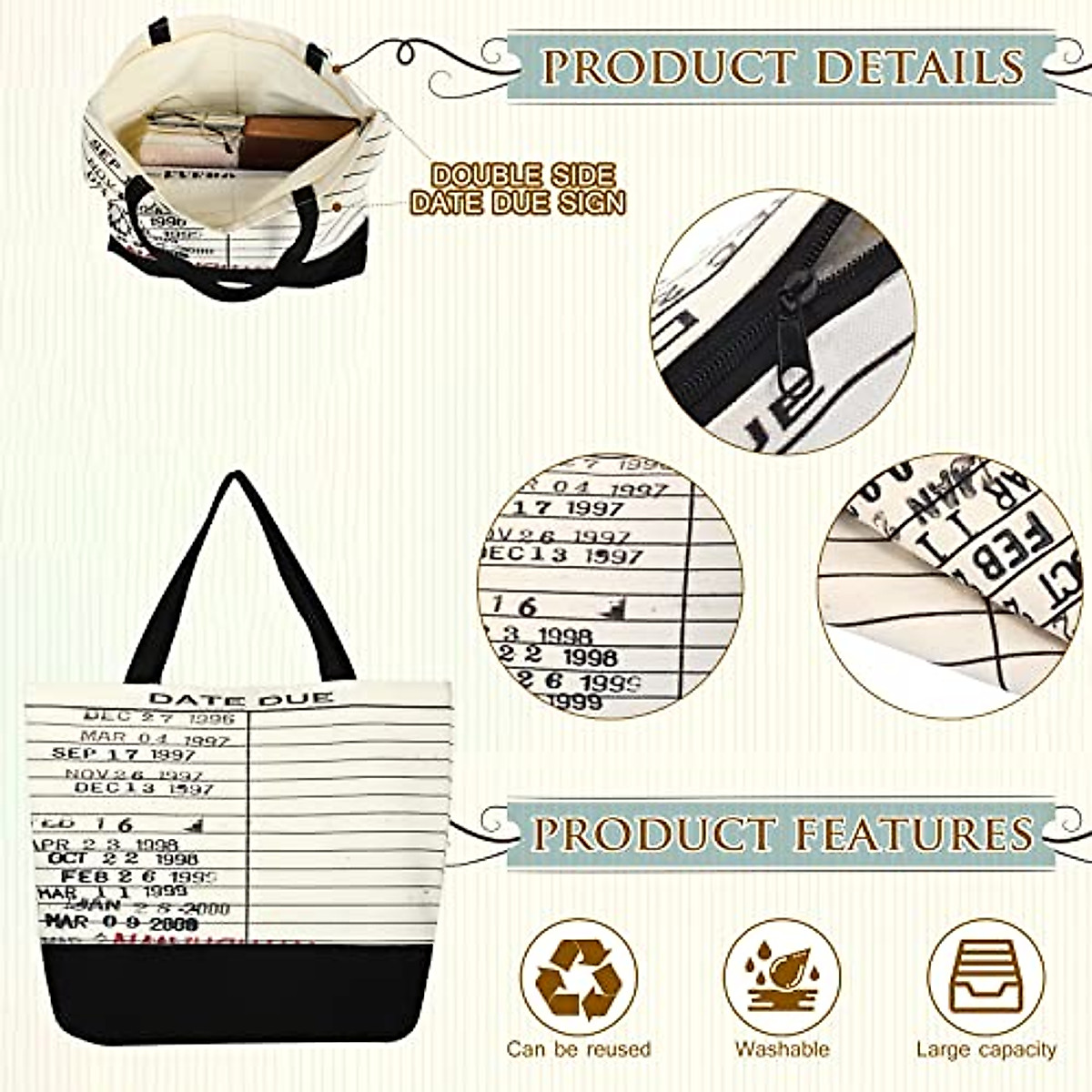 2 Pcs Library Due Date Tote Bag Library Due Date Cards Stamp Sign Canvas Toiletry Bag Vintage Tote Splicing Bag Library Book Bag Librarian Gifts for Women Teacher Graduation Book Lovers
