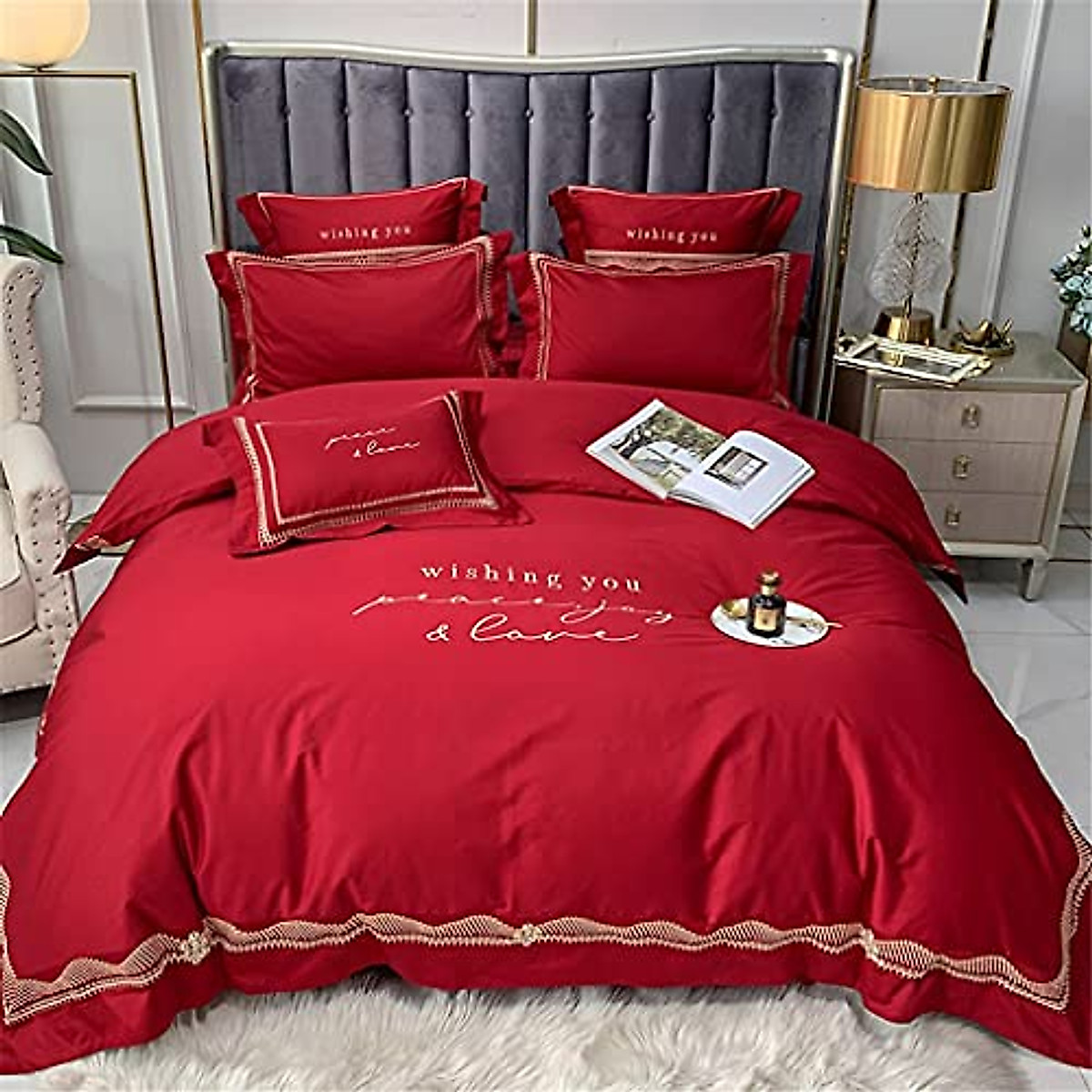 OQHAIR 60 Long-Staple Cotton Double Happiness Embroidered Four-Piece Set Red Cotton Duvet Cover Bed Cover Wedding Simple Bedding (Color : B 5-Piece Suit, Size : 1.5m) (B 6 Piece Suit)