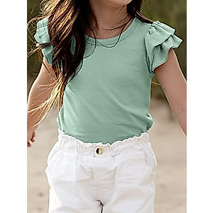 Imily Bela Girls Shirts Cute Summer Tops Trendy Ruffle Sleeve Blouses Crew Neck Tees for 5-14 Years Kids Child Light Green