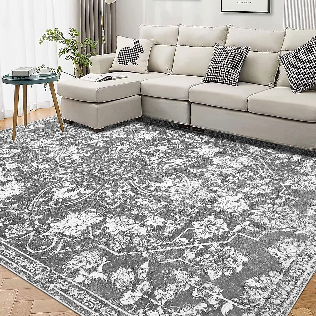 Pauwer Area Rug 5x7 Rug, Distressed Low Pile Non-Slip Non-Shedding Floral Print Large Accent Rug, Washable Carpet Indoor Mat for Living Room Bedroom Dining Room