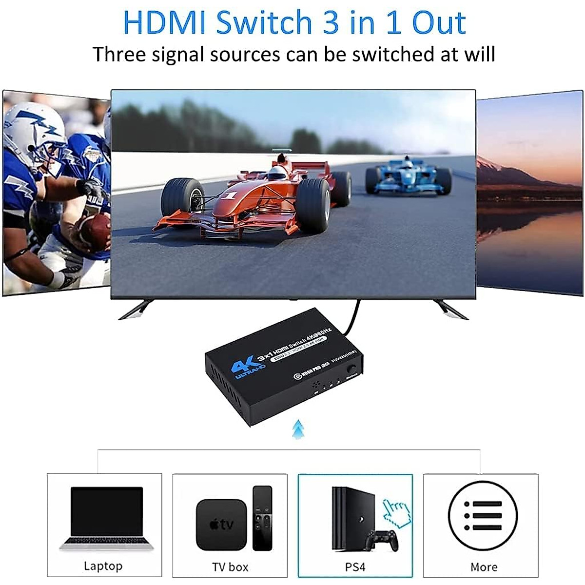 HDMI Switch 4K@60Hz, NEWCARE HDMI Switch with Remote Control, 3 Port HDMI Switcher Selector, Supports 4K, 3D, HDCP2.2, HDMI2.0, HDR, Auto for Fire Stick, HDTV, PS4/5, Game Consoles, PC