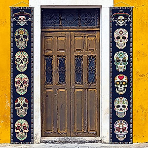 Jiudungs Day of The Dead Decoration Outdoor Dia De Los Muertos Sugar Skull Porch Sign Banner Halloween Mexican Theme Party Decor and Supplies for Home