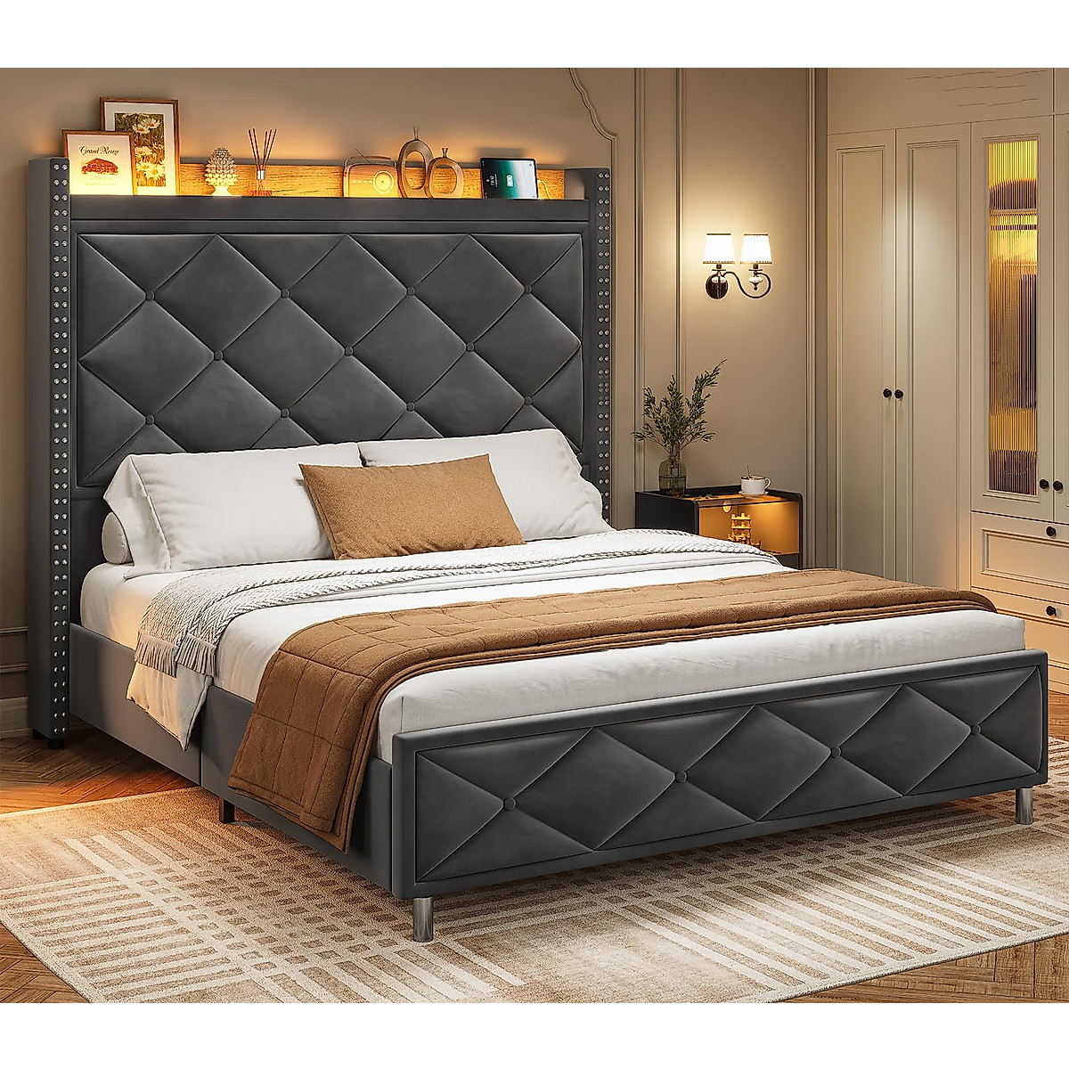AOGLLATI Queen Bed Frame with Tall Storage Headboard, Bed Frame Queen Size with Charging Station,Upholstered Led Queen Size Bed Frame with Wooden Slats Support, No Box Spring Needed, Dark Gray