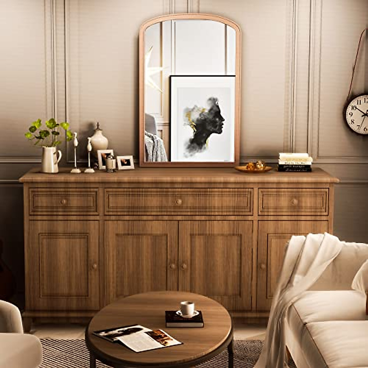 WallBeyond Wooden Framed Arch Mirror, 24" x 36" Farmhouse Arched Bathroom Wall Mirror for Wall Decor, Entryway, Living Room and Bedroom