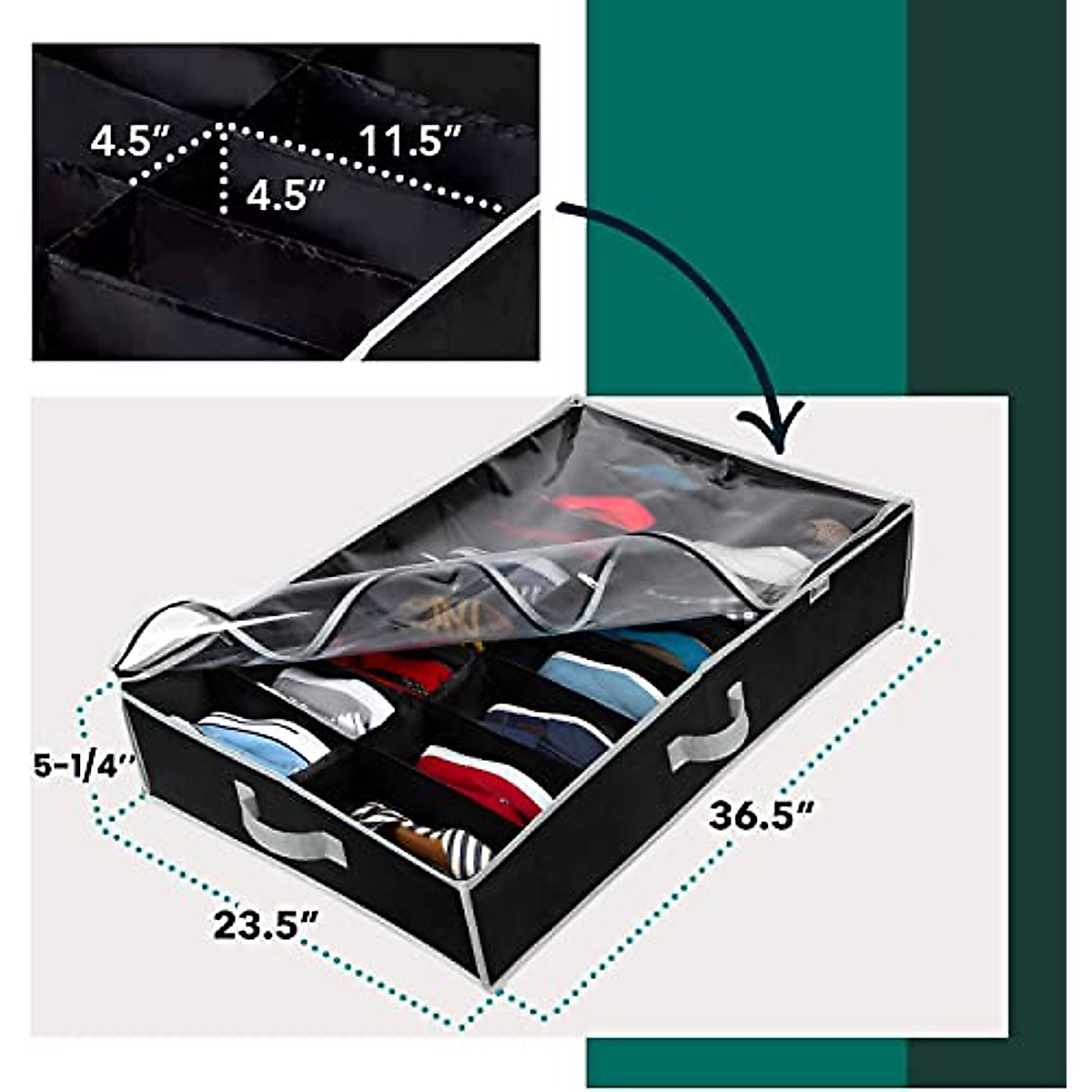 HOLDN' STORAGE Extra-Large Under Bed Shoe Storage Organizer - Underbed Storage Solution Fits Men's and Women's Shoes, High Heels, and Sneakers with Durable Vinyl Cover & Extra-Strong Zipper - Black