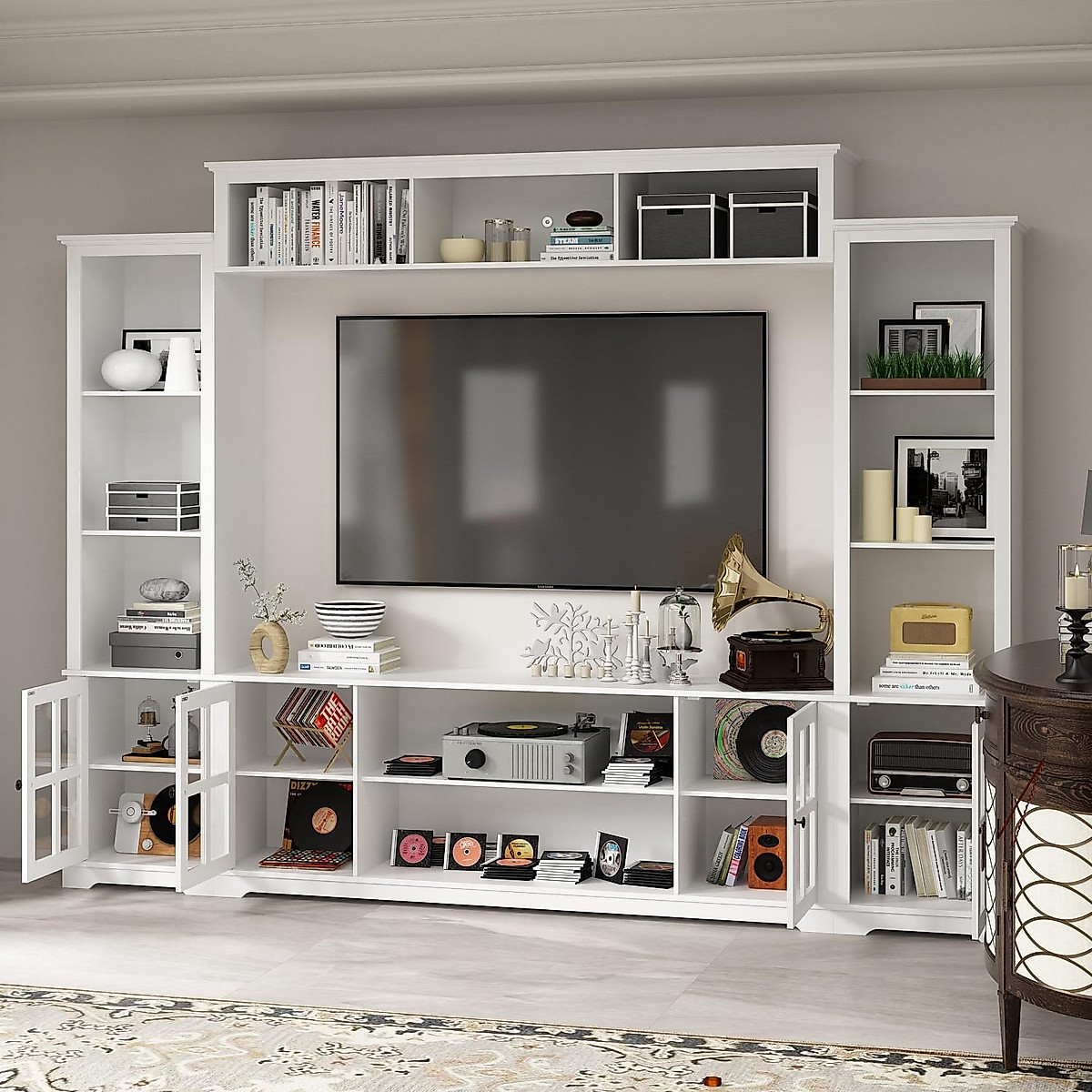 AIEGLE Entertainment Wall Unit Set with Bridge, Modern TV Stand with Glass Doors & Shelves, Large Console Table for TVs Up to 70", Living Room Storage Bookshelf Set, White (102" Wx14.6 Dx78.2 H)