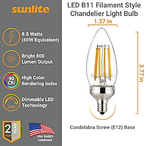 Sunlite 40271 LED Edison B11 Torpedo Tip Chandelier Light Bulb, 8.8 Watts (75 W Equivalent), 800 Lumens, Candelabra E12 Base, Dimmable, UL Listed, Title 20 Compliant, 90 CRI, 3000K Warm White, 6 Pack