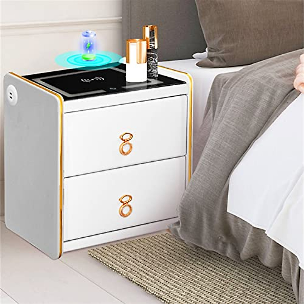 HIGOH Bedside Table Smart Bedside Cabinet Hotel Wireless Charging with LED Multi Functional Wood End Table USB Charging Bedroom Storage Cabinet