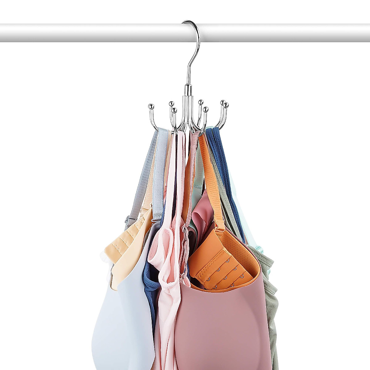 OMHOMETY Bra Hanger for Closet, Tank Top Organizer, Max 24 Capacity Rotatable Metal Space Saving Hanger Sport Bra Storage, Silver 1 Pack