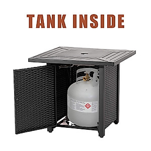 SUNBURY Outdoor Propane Fire Pit Table, 28 Inch Patio Gas Fire Table 40,000 BTU Auto-Ignition, Black Brown Rattan-Look Outdoor Companion w Lid, Waterproof Cover, Lava Rocks, Glass Wind Guard