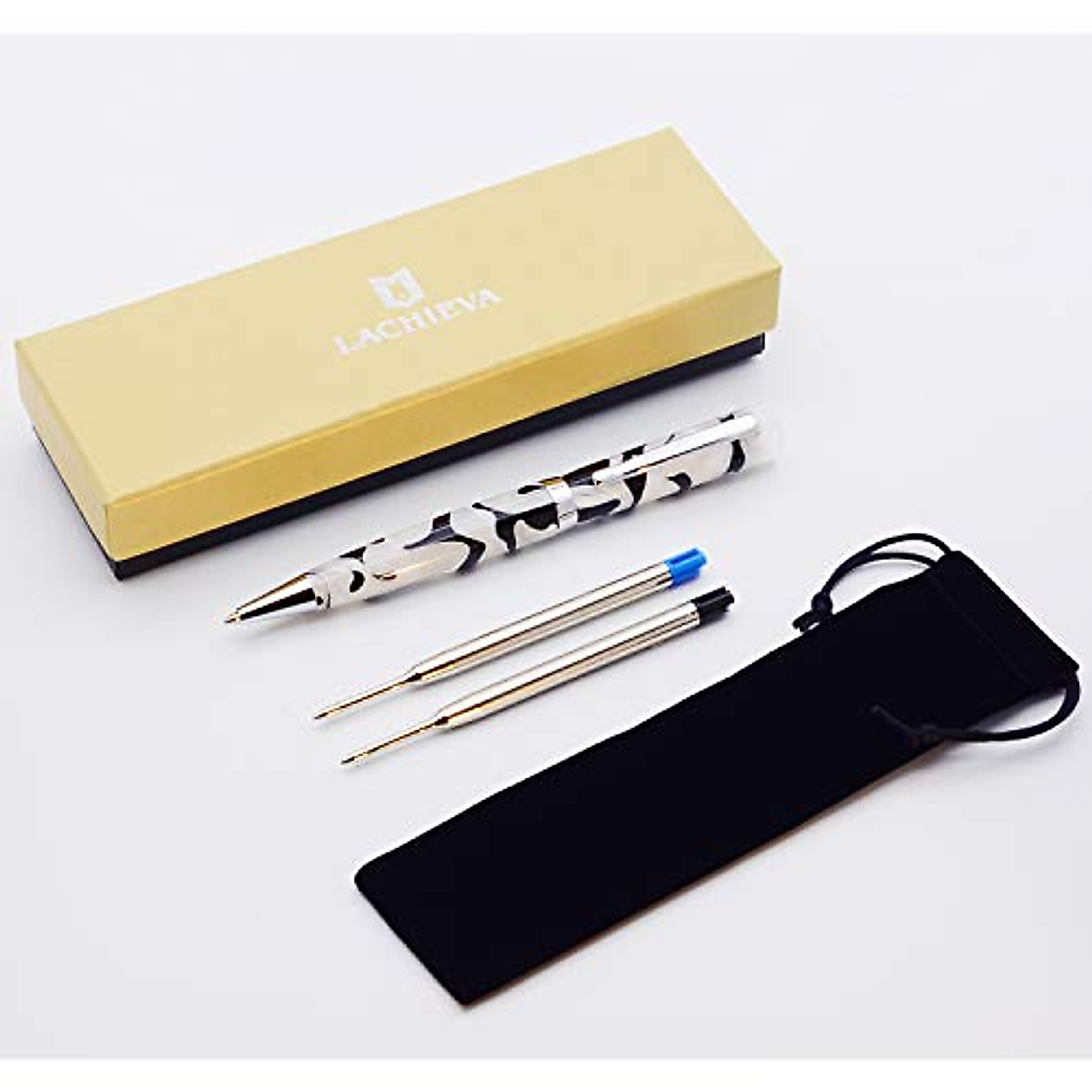 LACHIEVA LUX White Luxury Acrylic Celluloid Finished Ballpoint Pen for Writing. Nice Ball Pen Set Gift for Women & Men. (White/Black)