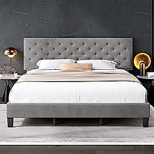 HOSTACK King Size Bed Frame, Modern Upholstered Platform Bed with Adjustable Headboard, Heavy Duty Button Tufted Bed Frame with Wood Slat Support, Easy Assembly, No Box Spring Needed (Grey, King)
