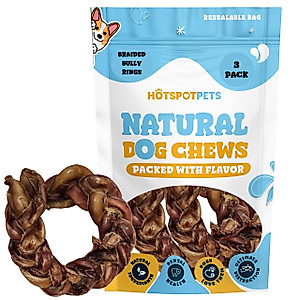 hotspot pets Braided Bully Stick Rings for Dogs - (3 Pack) Premium All Natural Long Twisted Beef Pizzle Dog Chew Treats - Grain Free Fully Digestible Rawhide Alternative Bones