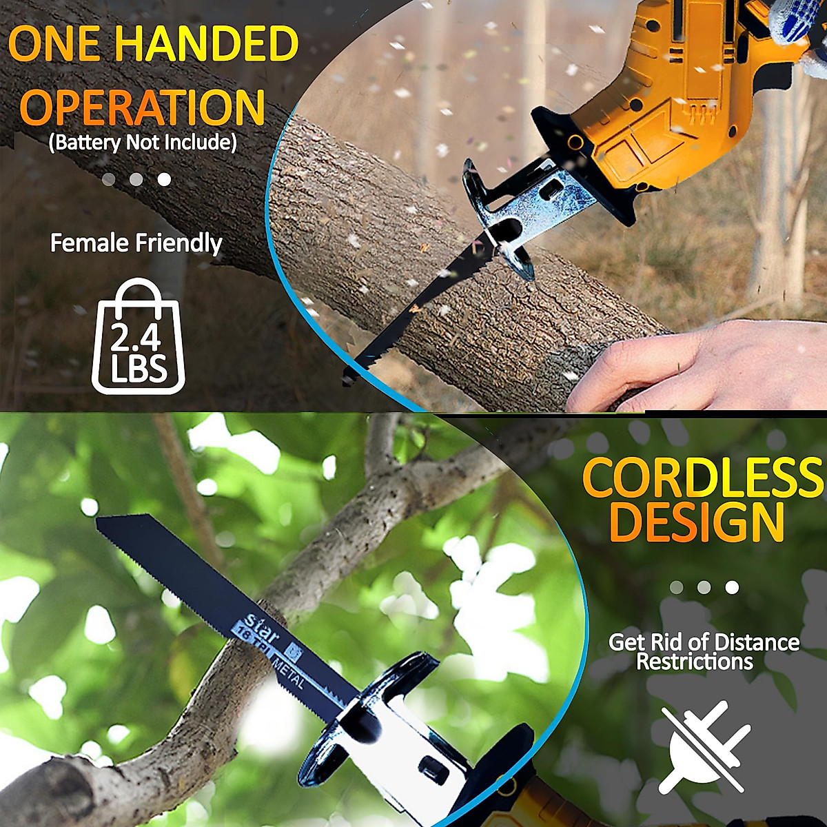 Reciprocating Saw Compatible with DeWalt 20V Battery, Brushless Power Cordless Recipro Saw, 0-3500SPM Variable Speed, Tool-free Blade Change, 4 Saw Blades Kit for Wood/Metal/PVC Cutting, Tool Only