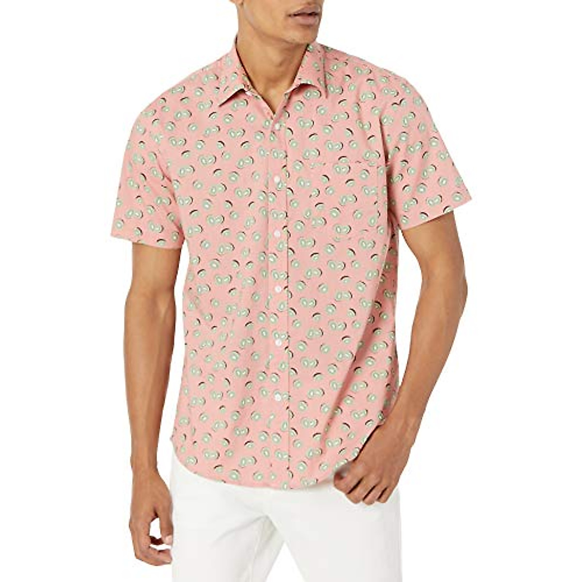 Amazon Essentials Men's Regular-Fit Short-Sleeve Print Shirt, Pink Fruit, Large