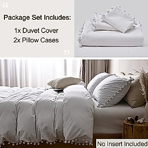PHF 100% Washed Cotton Duvet Cover Queen Size, Ultra Soft Cotton Pom Pom Linen Like Duvet Cover Set, 3pcs Breathable Durable Duvet Cover with Pillowcases for All Seasons, 90"x90", White