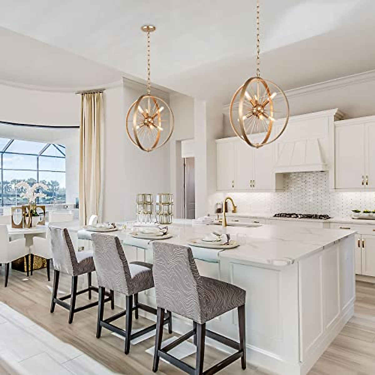 classy leaves Gold Chandelier, 6-Light Modern Globe Chandelier, Starburst Gold Pendant Light Fixture with Rotatable Framework for Kitchen Island, Foyer, Dining Room & Entryway, 18’’ D x 20.5’’ H