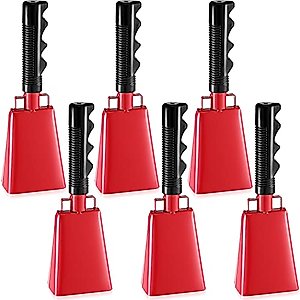 6 Pcs Cow Bells Noise Makers with Handles Cheering Cowbells for Sporting Events Musical Hand Percussion Cowbells Solid Football Cowbell Loud Call Bell Hand Percussion Cowbells for School, Red