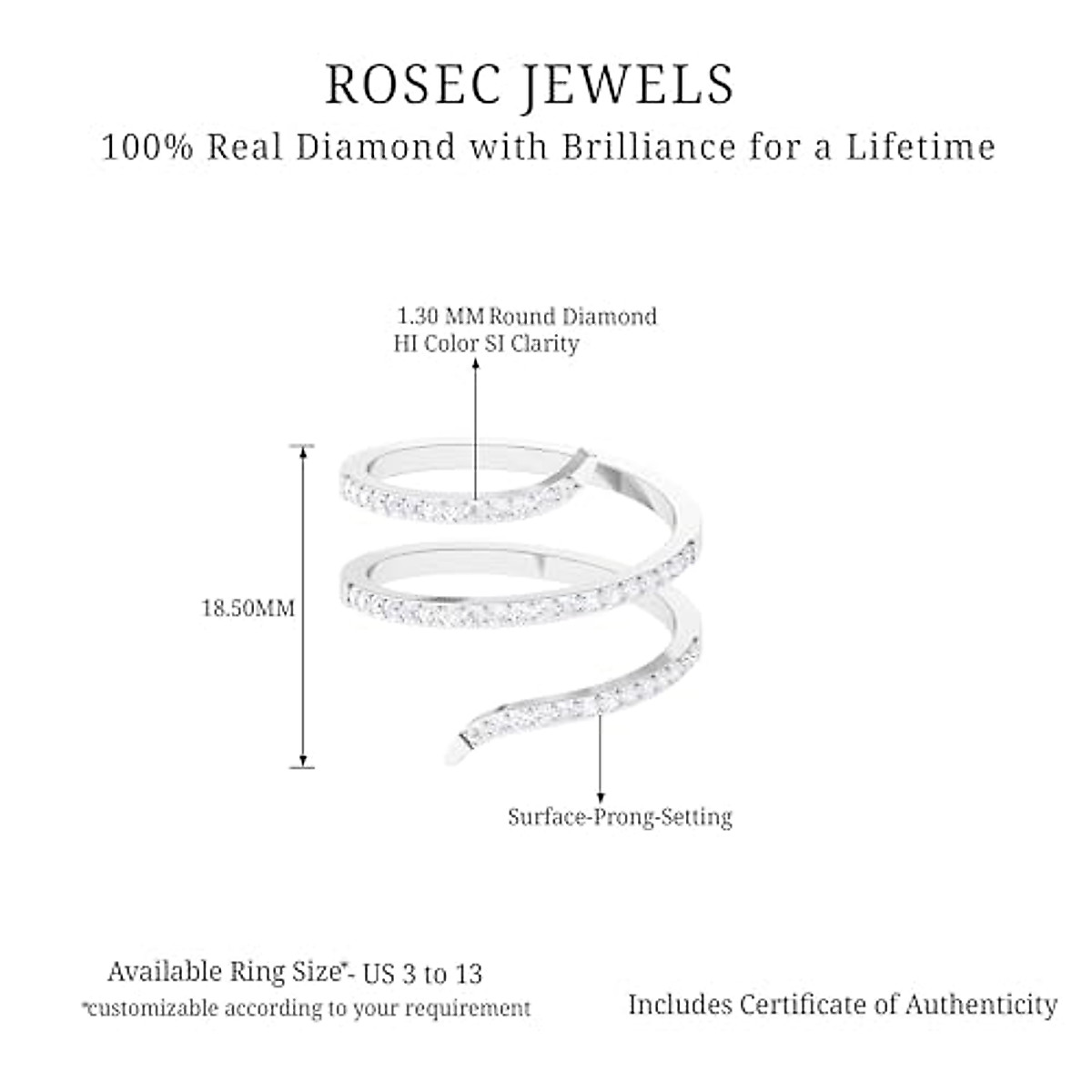 Rosec Jewels Certified Diamond Wrap Ring for Women, Hi Color Si Clarity, Natural Diamond Cocktail Ring - Ready To Gift, 14K Yellow Gold, Size:US 8.50