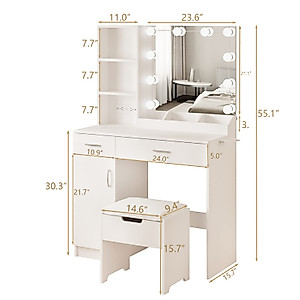 Fameill Makeup Vanity Desk with Lighted Mirror & Power Strip,White Vanity Table Set with Lights and Lots Storage,2 Drawer Makeup Table,3 Lighting Colors,35.4in(L)