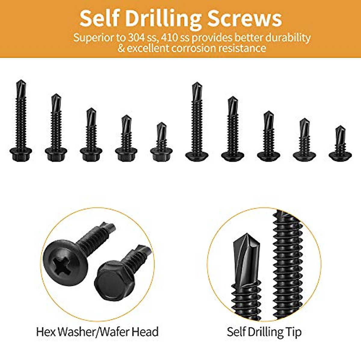 410 Stainless Steel #8 Self Tapping Screws, Hex Washer & Modified Truss Head Self Tapper Screws, VIGRUE 370PCS Self Screws for Metal Plastic Assortment Kit