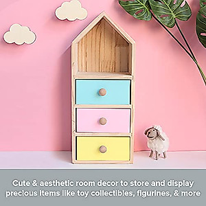 House Shaped Display Shelf with 3 Drawer - Wood Dresser Floating Shelf - Kids Bedroom Furniture - Desk Decor Book Shelf - Nursery Decor - Cute Storage Shelves for Bedroom - 1 Tier 7.9x1.8x11.4 in