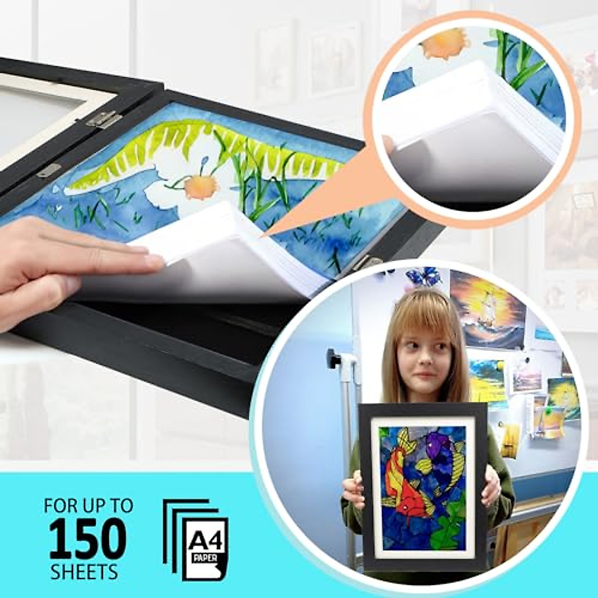 LOMILD 2-Pack Kids Artwork Frames Changeable, 8.5x11 Kids Art Frames in Balck, Front Opening with Acrylic Sheet, Great for Children Art Projects, Art Display Storage, Holds 50 PCS Pictures