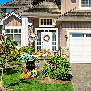 Dyrenson Welcome Summer Black Cat Lemon Watermelon Tropical Decorative Garden Flag, Yard Outside Decoration Outdoor Small Decor 12x18