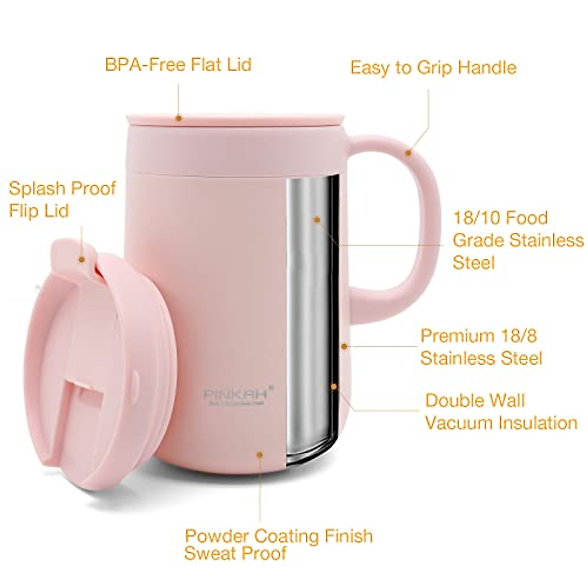 PINKAH Stainless Steel Coffee Mug with Lid and Handle, Double Wall Vacuum Insulated Cup, 16oz, Pink