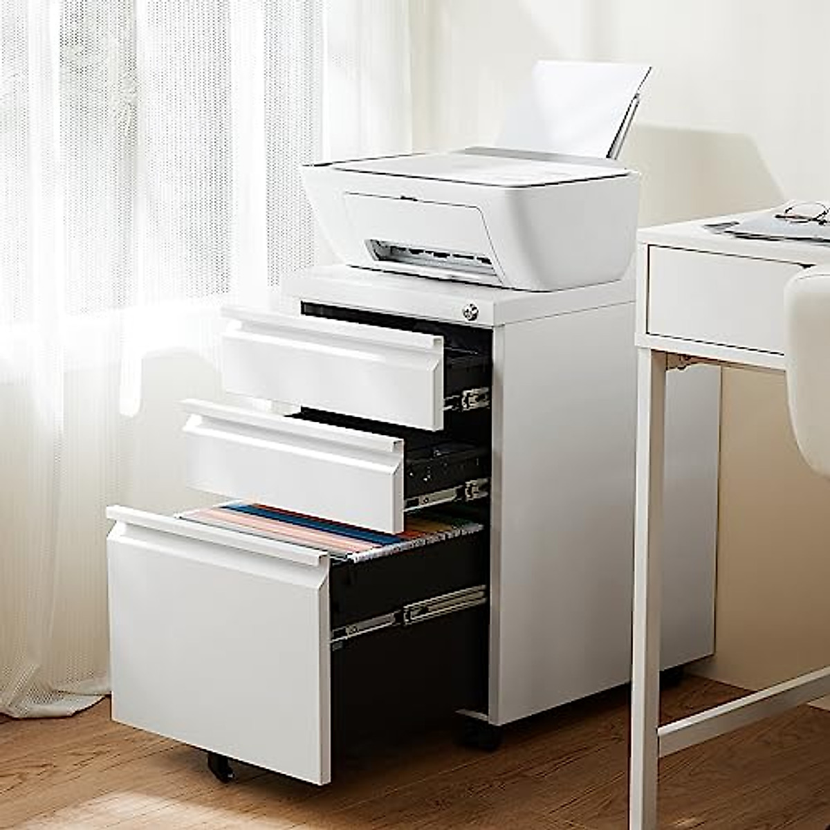OLIXIS Home Office, File Cabinet Fireproof with Lock, Mobile Storage with Pre-Assembled, 3 Drawer, White