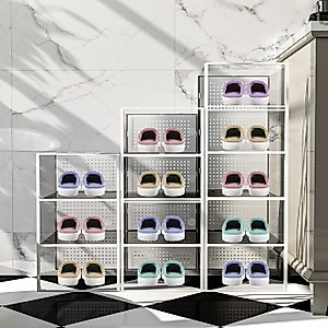 Hourleey 12 Pack Shoe Storage Box, Clear Plastic Stackable Shoe Organizer for Closet, Space Saving Foldable Shoe Rack Sneaker Containers Holders with Lids